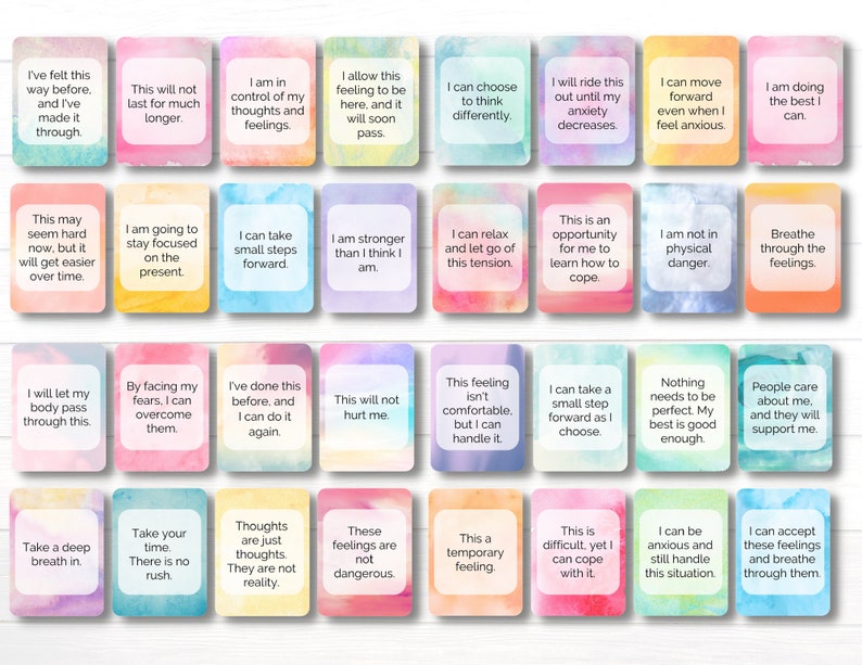 40 Anxiety Coping Cards, Calming Affirmations, Stress Relief, CBT, DBT ...