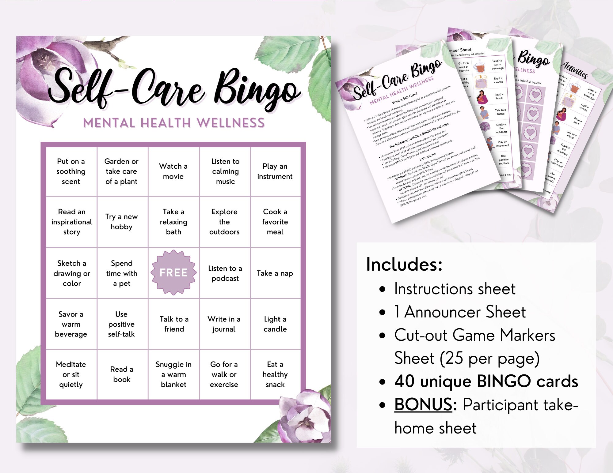 Self-care BINGO Game Activity Kit for Mental Health, Wellness, Therapy ...
