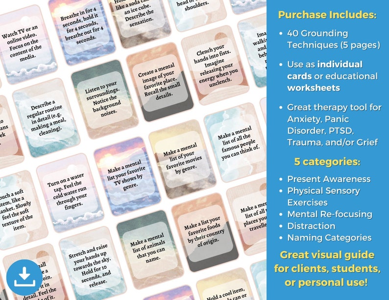 40 Grounding Flash Cards, Anxiety Coping Skills, Panic Attacks, CBT ...