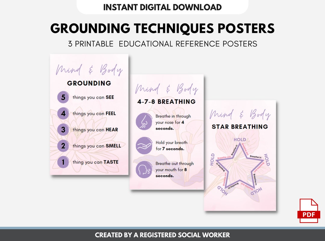 Grounding Techniques Print, Anxiety and Stress Relief, Breathing ...