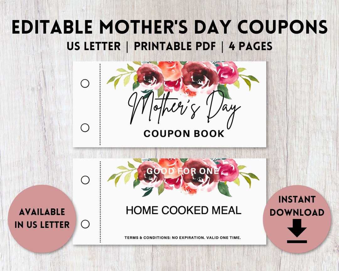 Editable Mother's Day Coupon Book Printable | Mother's Day Gift ...