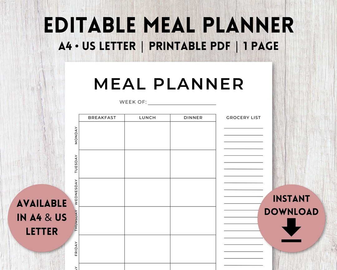 Editable Meal Plan Printable | Menu Planner Template | Grocery List ...
