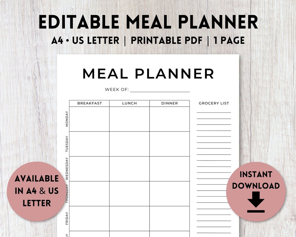 Editable Meal Plan Printable | Menu Planner Template | Grocery List ...