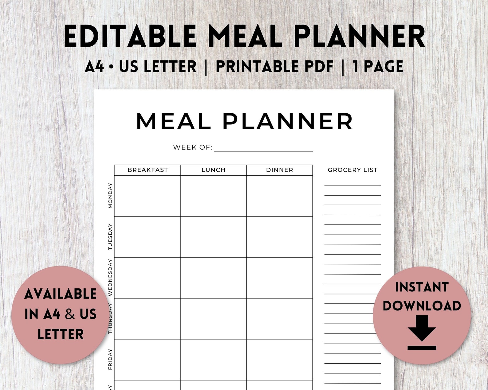 Editable Meal Plan Printable | Menu Planner Template | Grocery List ...