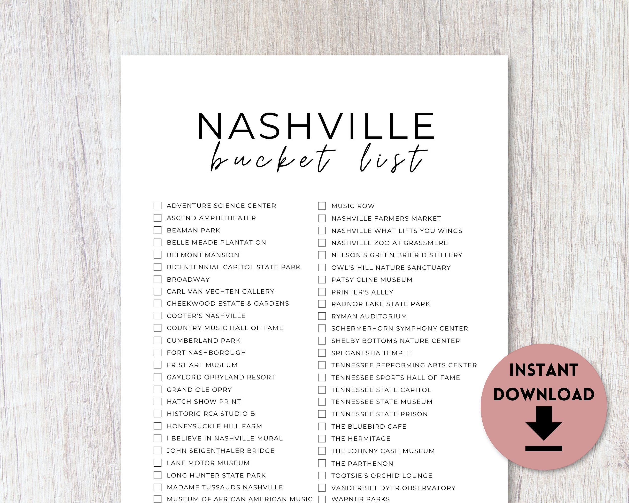 Nashville Tennessee Bucket List Printable Travel Bucket - Etsy