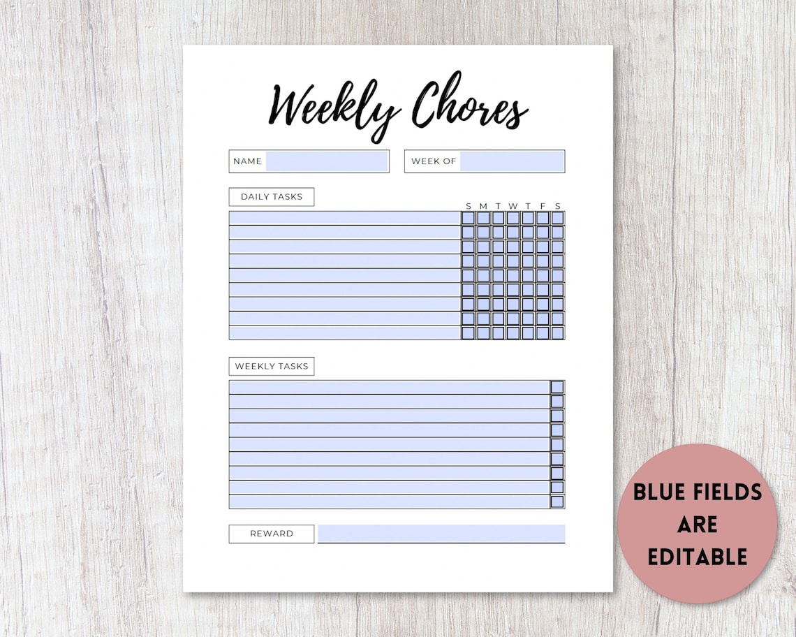 Editable Chore Chart for Kids Printable | Weekly Chore List ...