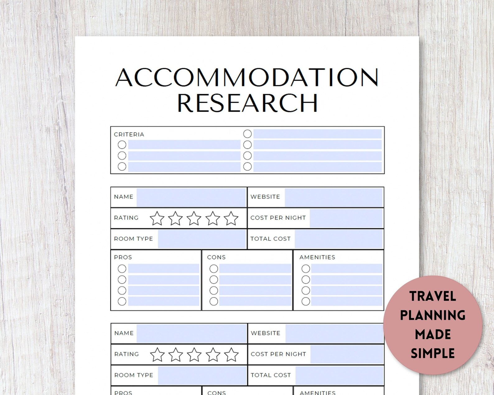 Editable Accommodation Planner Printable | Accommodation Template ...