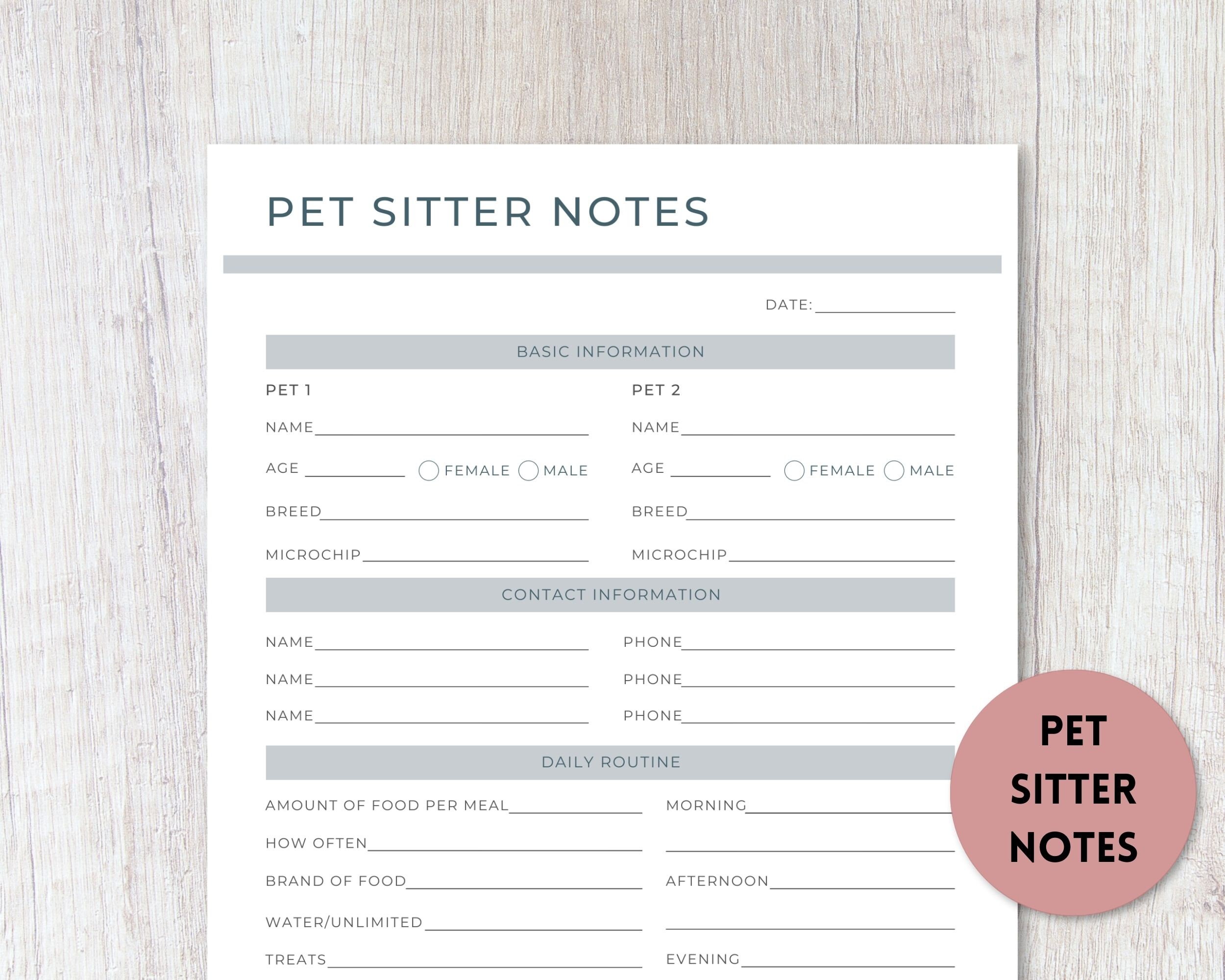 Pet Planner Printable Pet Sitter Notes Dog Care Checklist Pet Planner ...