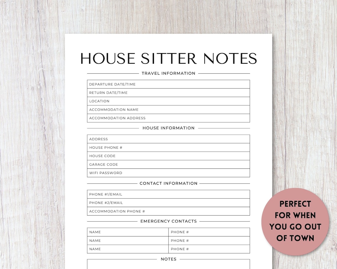 Editable House Sitter Notes Printable | House Sitter Information ...