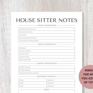 Editable House Sitter Notes Printable | House Sitter Information ...