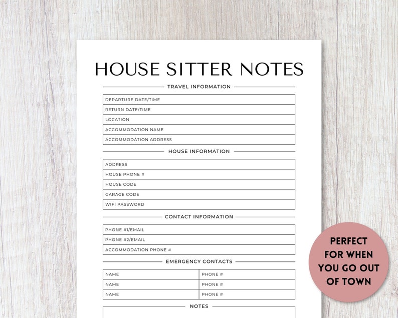 Editable House Sitter Notes Printable | House Sitter Information ...