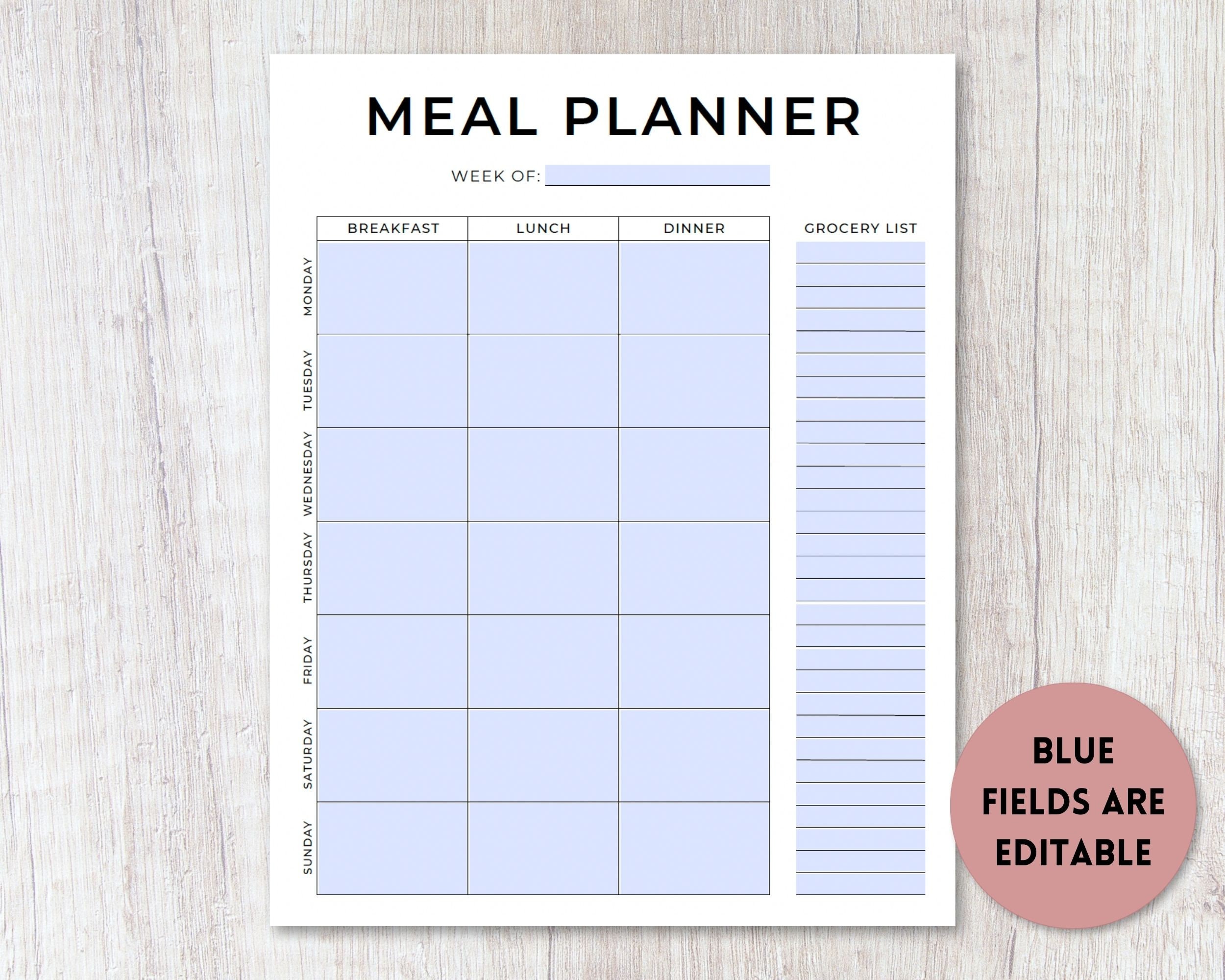 Editable Meal Plan Printable | Menu Planner Template | Grocery List ...