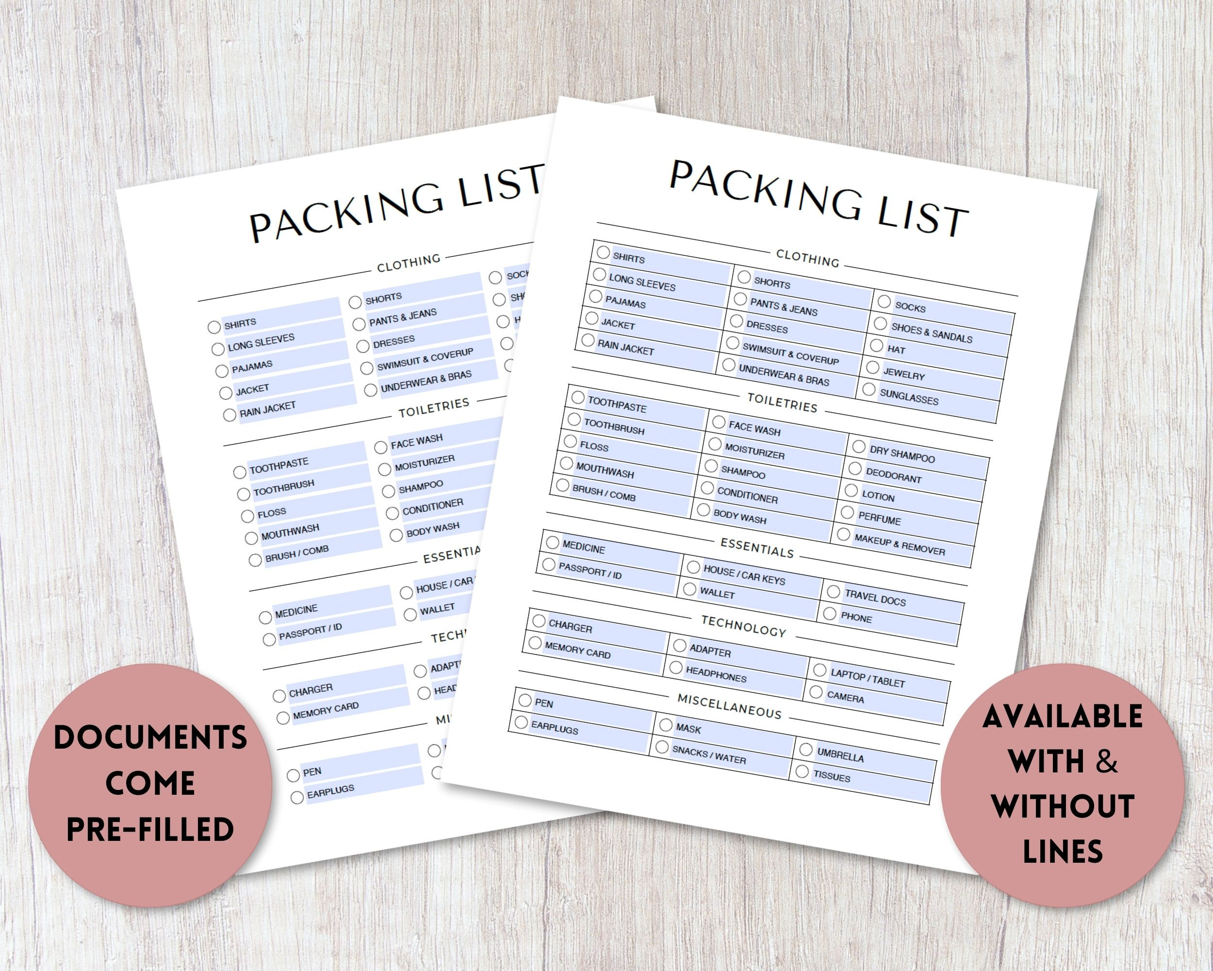 Editable Packing List Bundle Printable Travel Packing List | Etsy