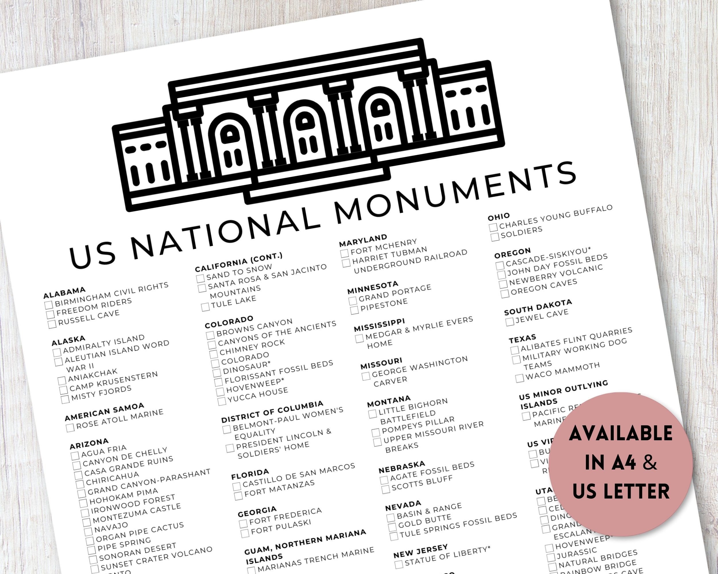 US National Monuments Checklist Printable | National Monument Sign ...
