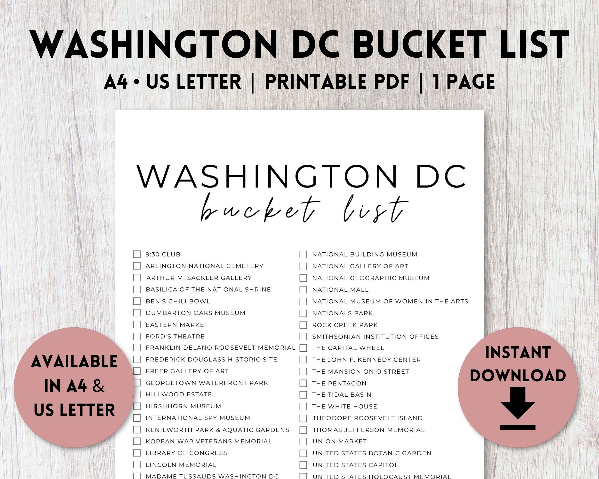 Washington DC Bucket List Printable Travel Bucket List - Etsy