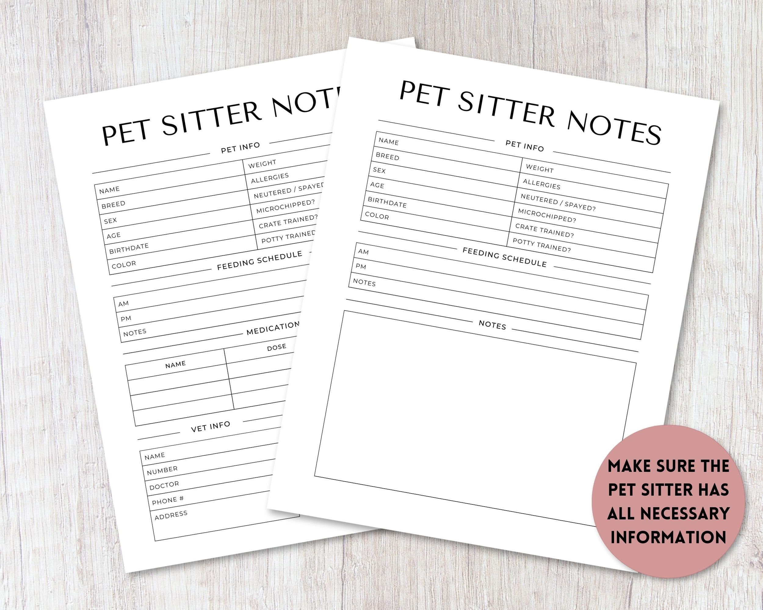Editable Pet Sitter Notes Printable | Pet Sitter Form | Pet Sitting ...