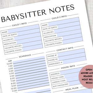 Editable Babysitter Notes Printable | Babysitter Information Sheet ...