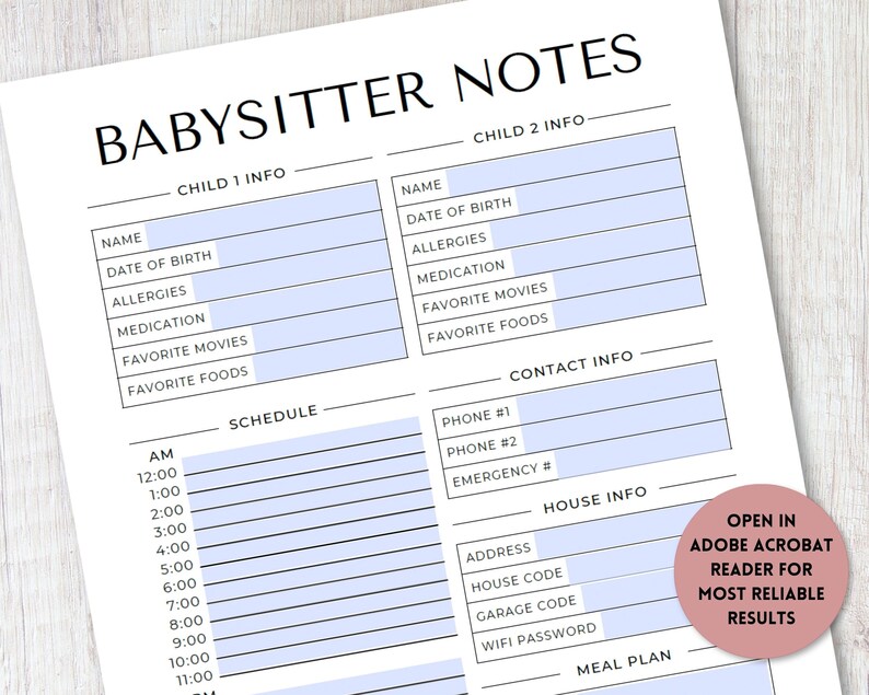Editable Babysitter Notes Printable Babysitter Information Sheet ...