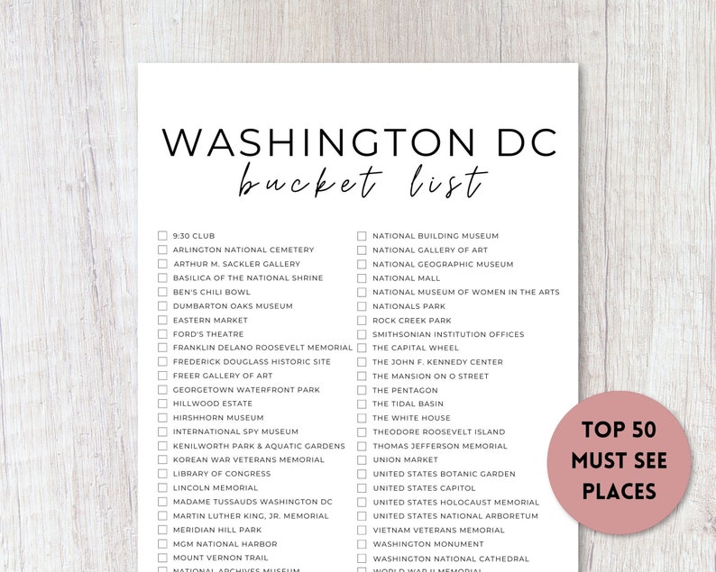 Washington DC Bucket List Printable Travel Bucket List | Etsy