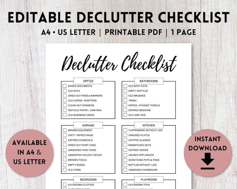 Editable Declutter Checklist Printable | Editable Cleaning Checklist ...