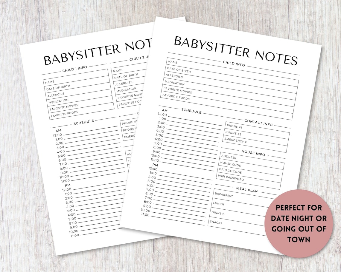Editable Babysitter Notes Printable Babysitter Information Sheet ...