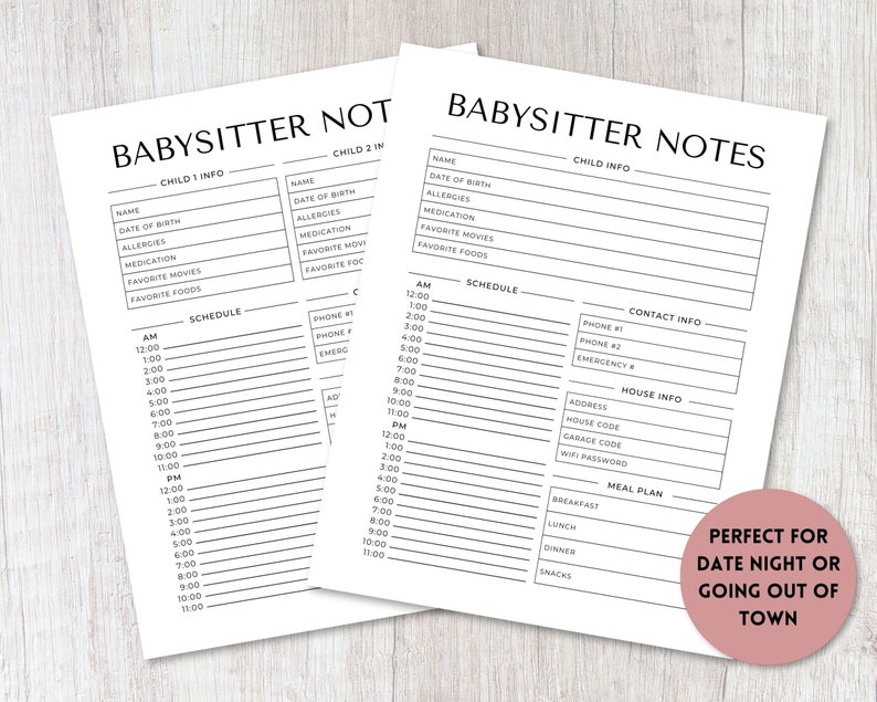 Editable Babysitter Notes Printable Babysitter Information Sheet ...
