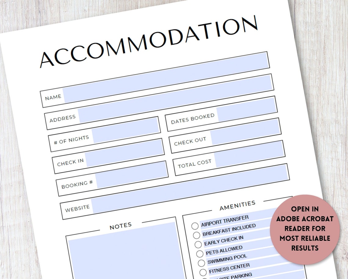 Editable Accommodation Planner Printable Accommodation - Etsy Canada