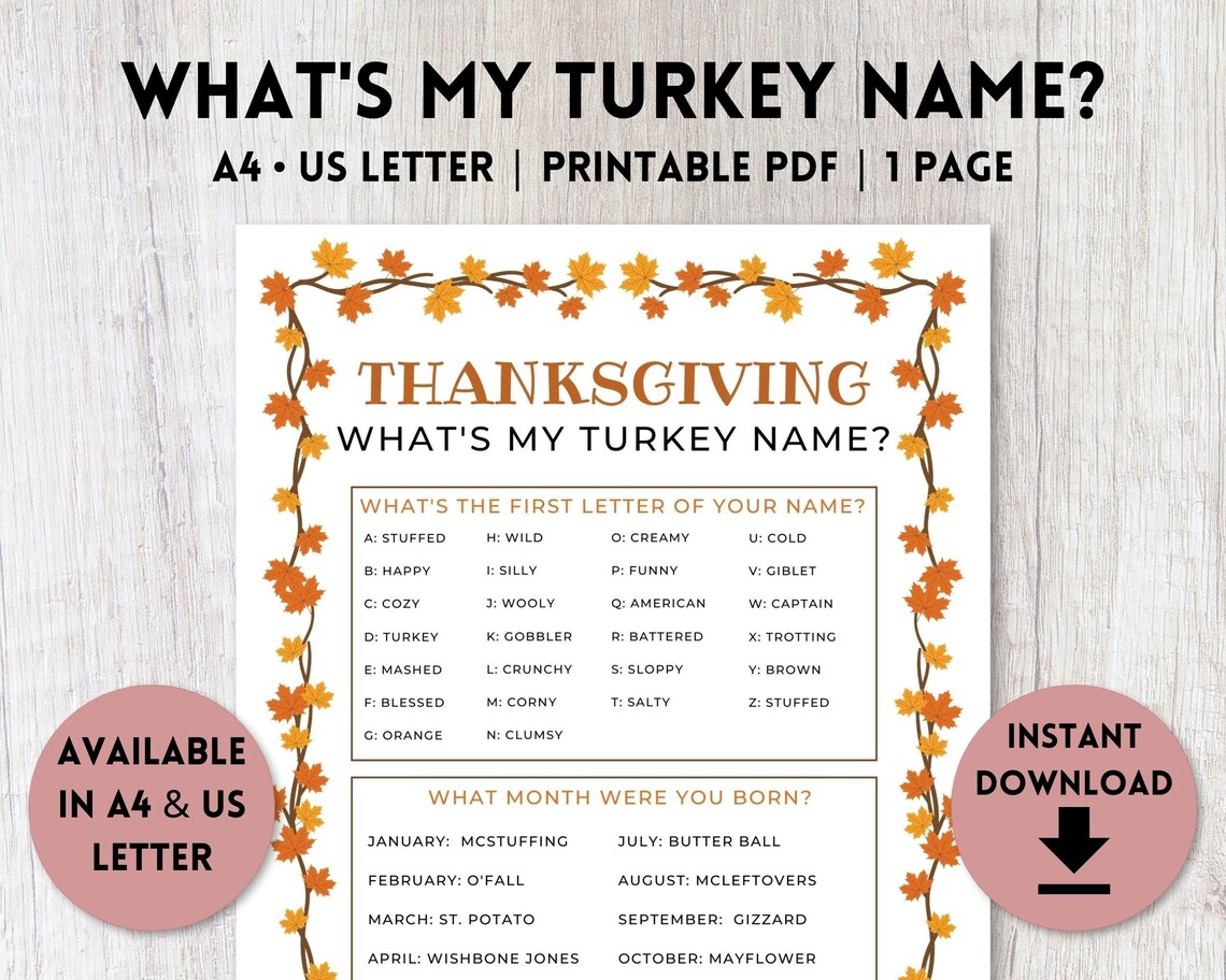 Thanksgiving What's My Turkey Name Printable | Thanksgiving Game for ...