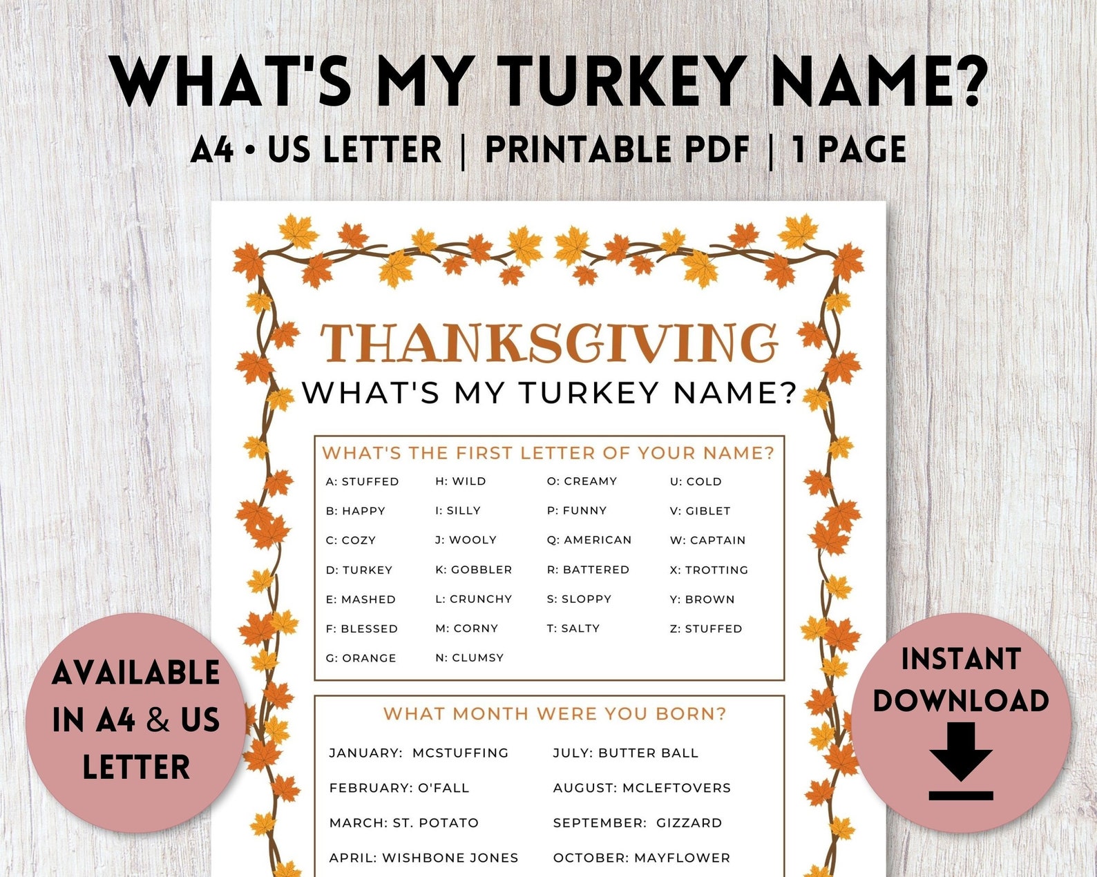 Thanksgiving What's My Turkey Name Printable | Thanksgiving Game for ...