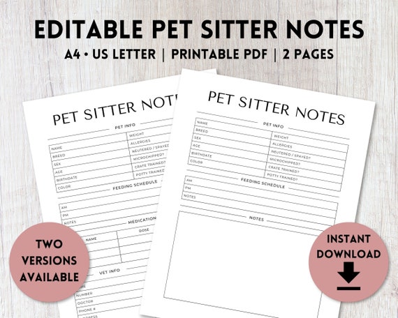Editable Pet Sitter Notes Printable Pet Sitter Form Pet - Etsy