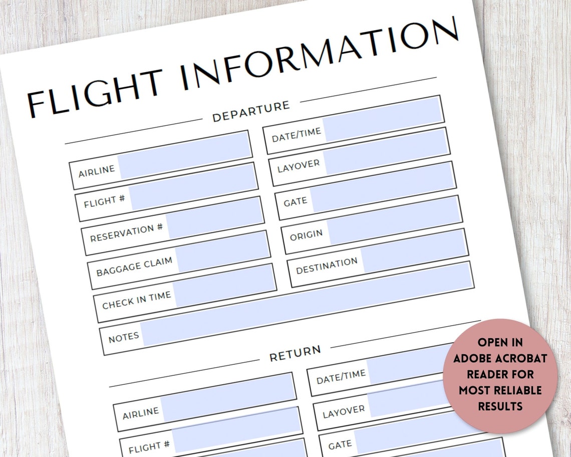 Editable Flight Planner Printable Flight Information Sheet - Etsy