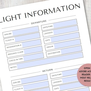 Editable Flight Planner Printable | Flight Information Sheet | Travel ...