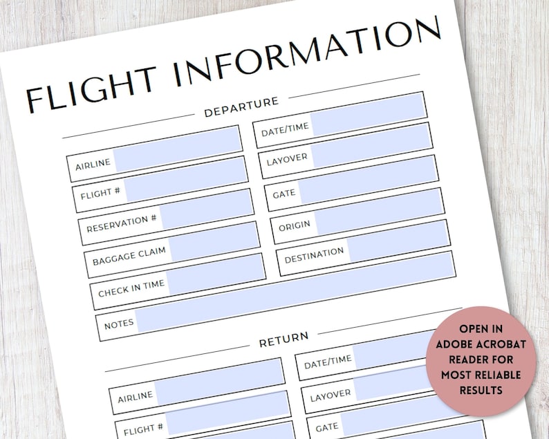 Editable Flight Planner Printable | Flight Information Sheet | Travel ...