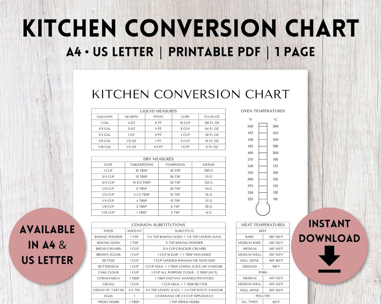 Kitchen Conversion Chart Printable | Cooking Cheat Sheet | Kitchen ...
