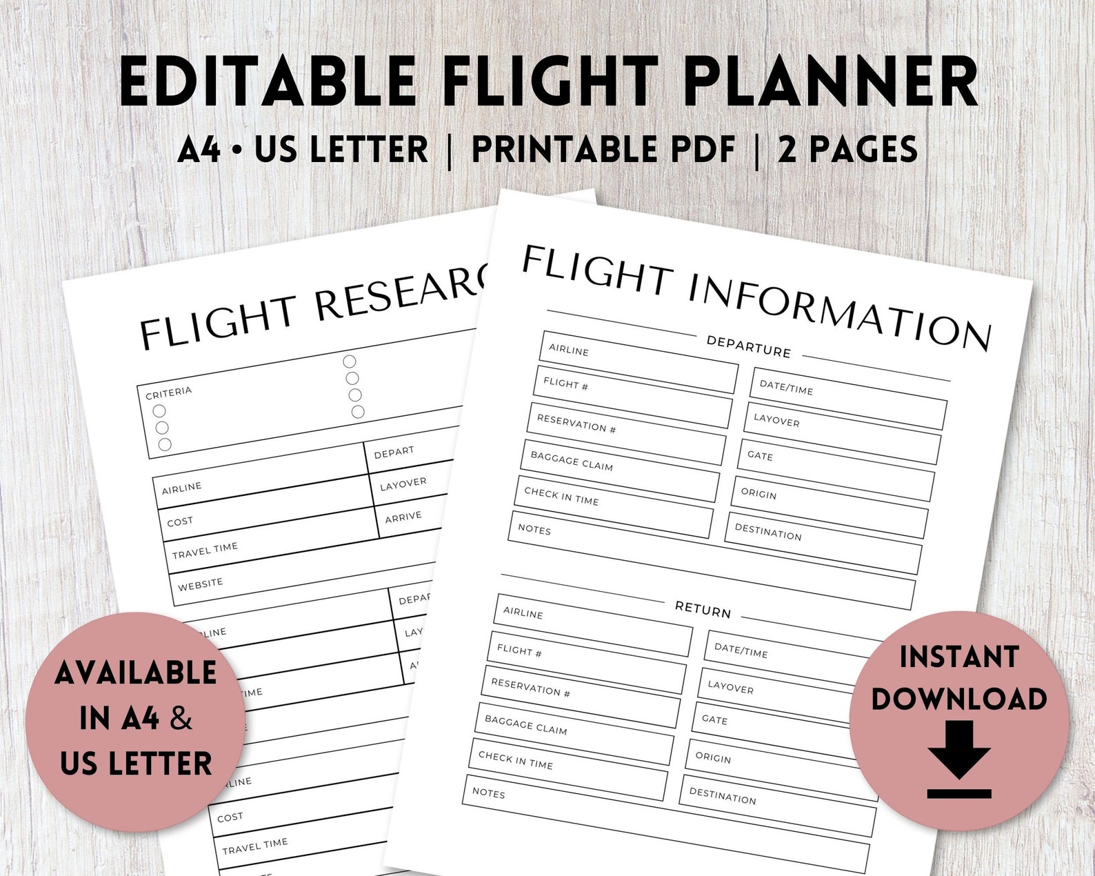 Editable Flight Planner Printable | Flight Information Sheet | Travel ...