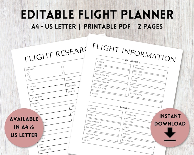 Editable Flight Planner Printable | Flight Information Sheet | Travel ...