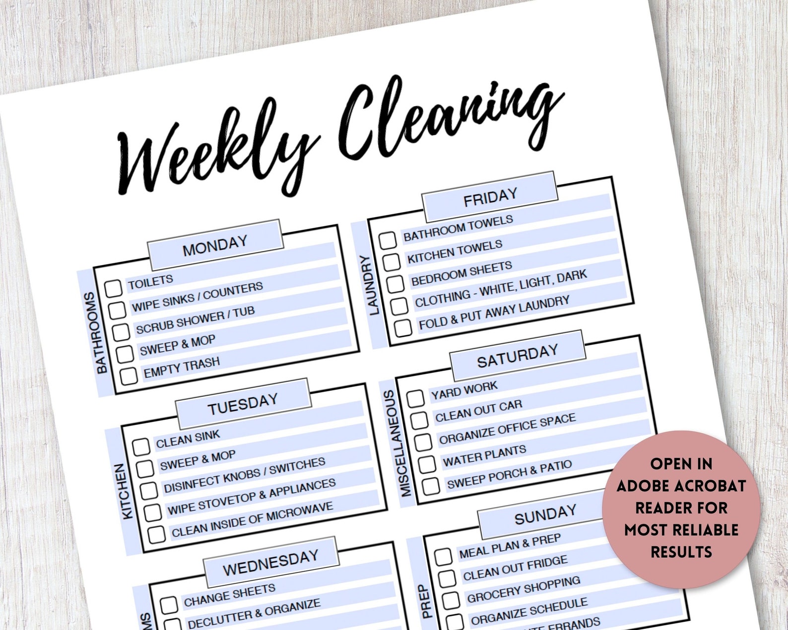 Editable Weekly Cleaning Checklist Printable Cleaning - Etsy