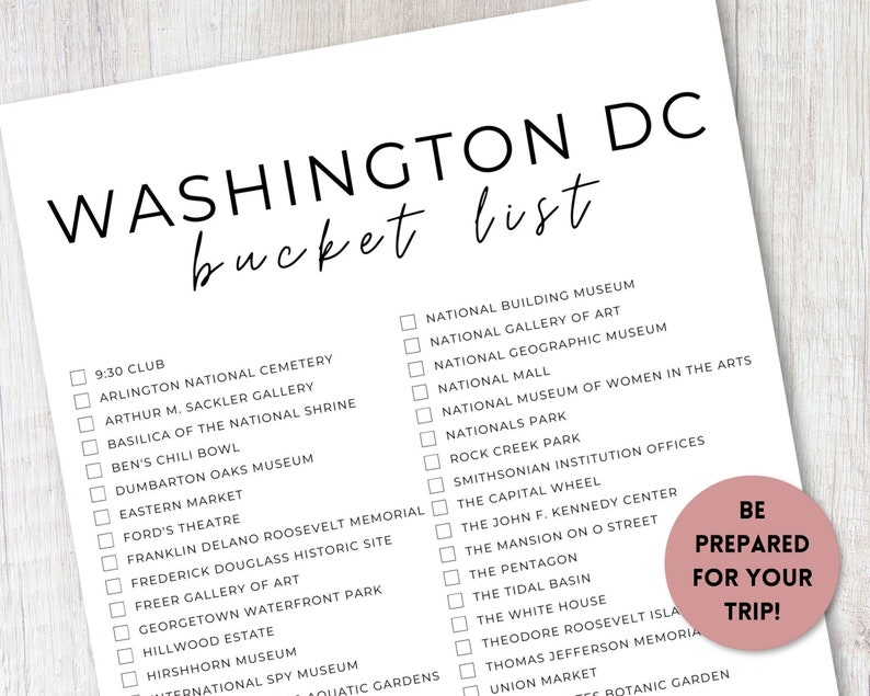 Washington DC Bucket List Printable Travel Bucket List | Etsy