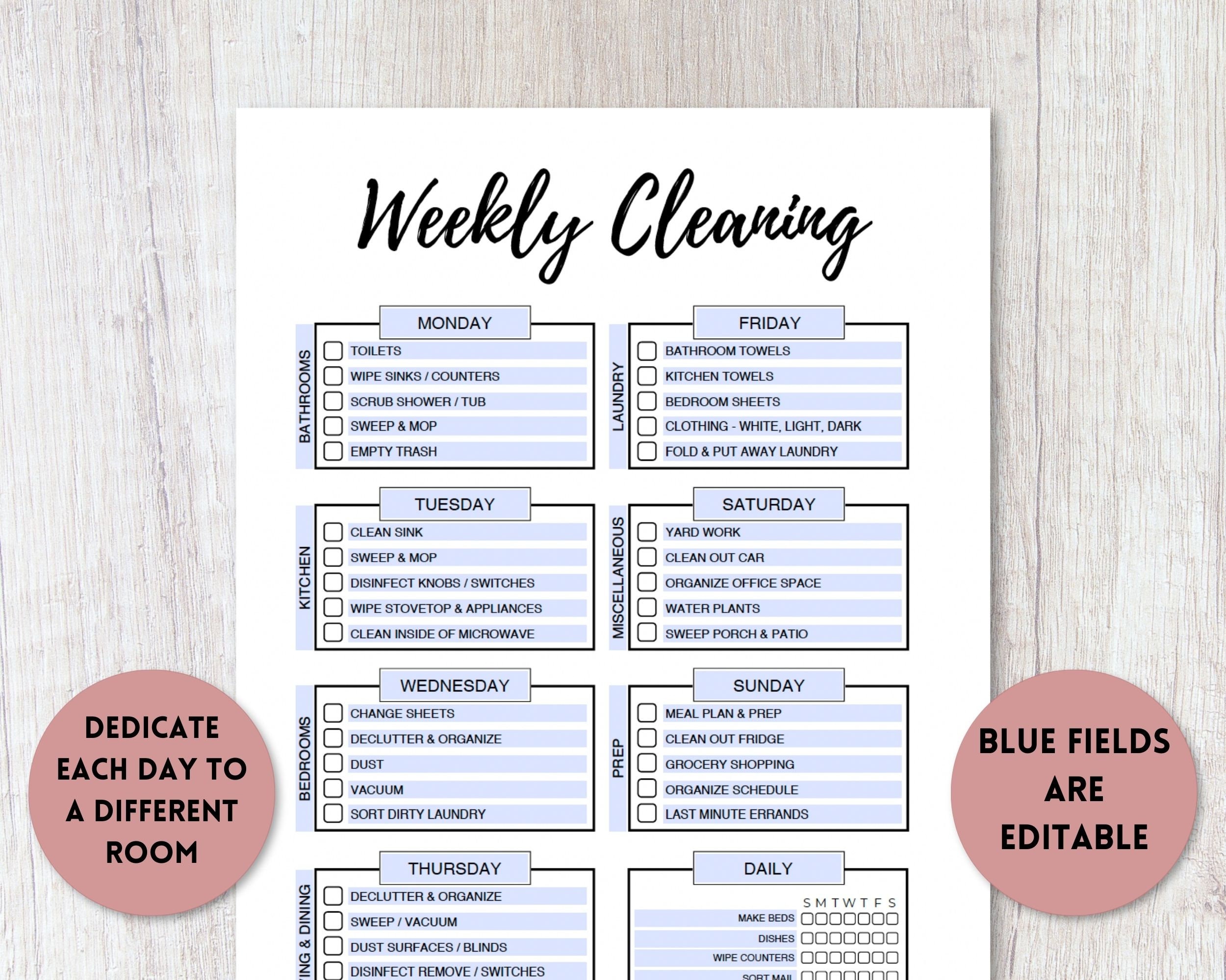 Editable Weekly Cleaning Checklist Printable Cleaning - Etsy