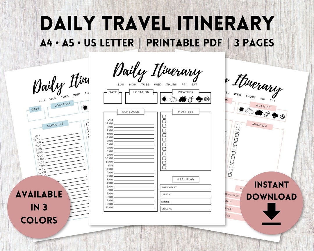 Daily Travel Itinerary Planner Printable PDF | Undated Vacation ...