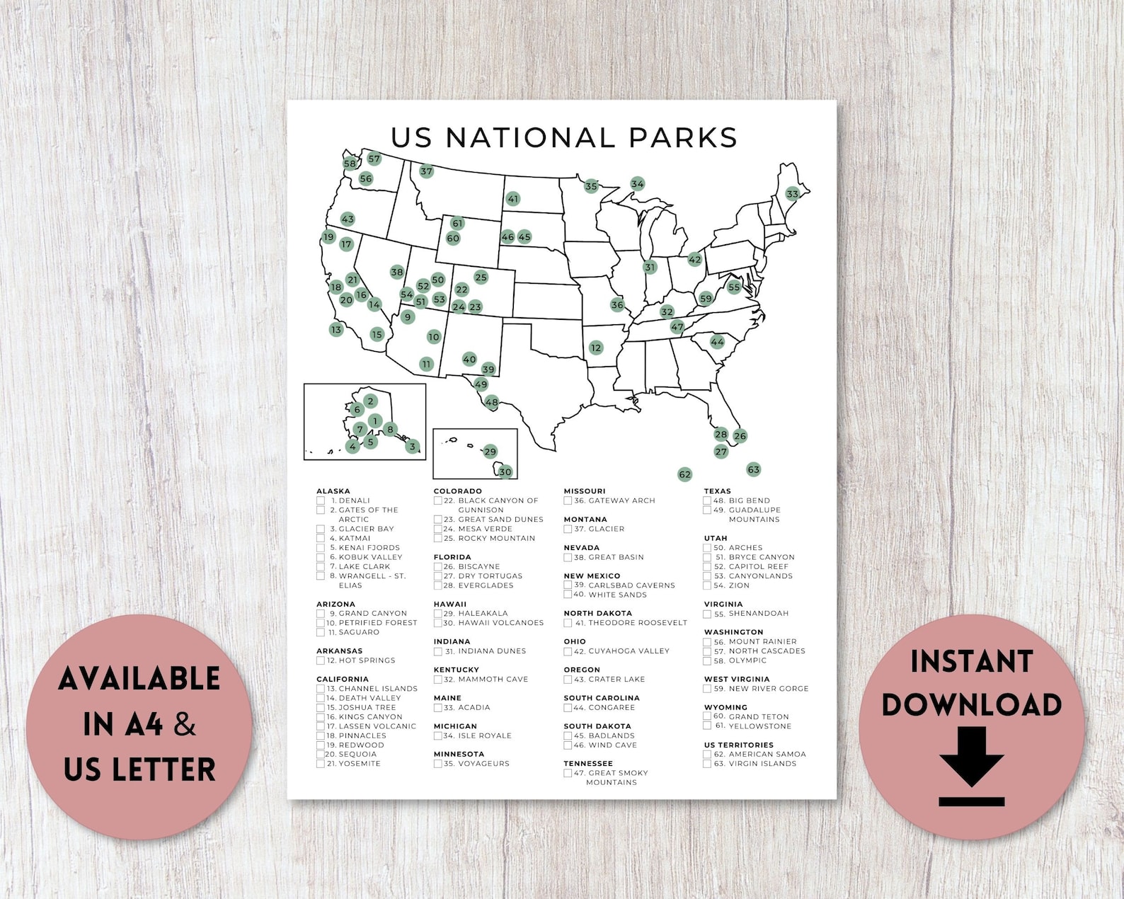 US National Parks Checklist Printable | 63 National Parks Poster ...