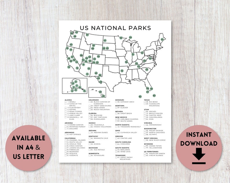 US National Parks Checklist Printable | 63 National Parks Poster ...
