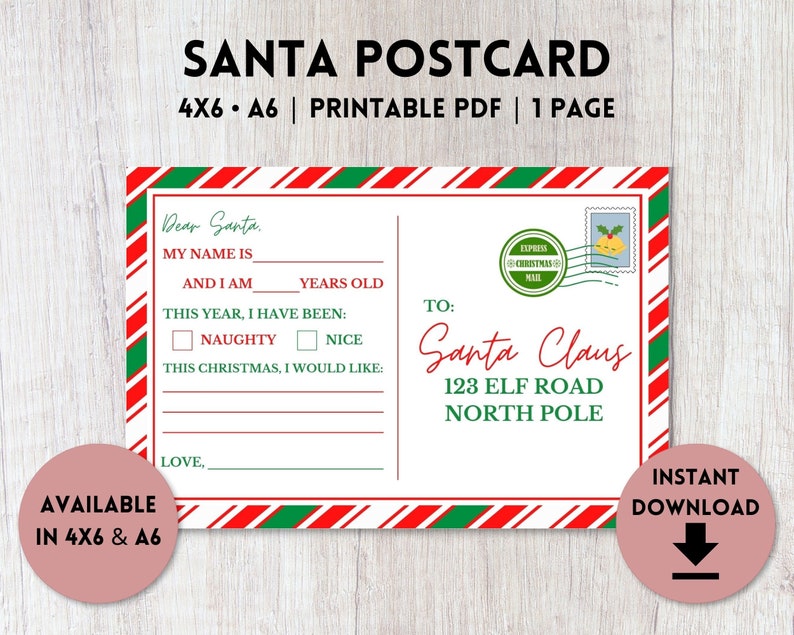 Santa Postcard Printable Letter to Santa Claus Dear Santa | Etsy