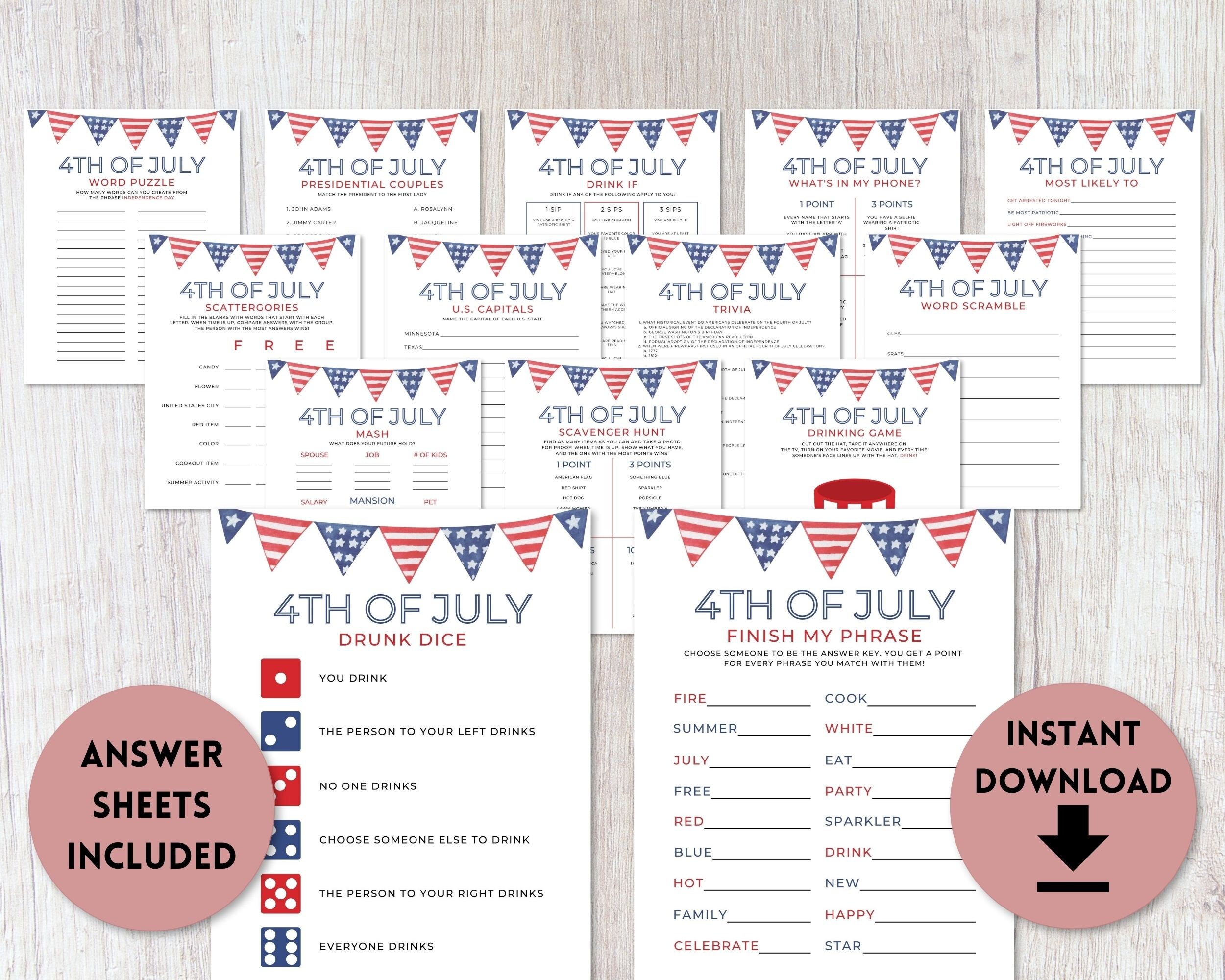 4th of July Adult Games Bundle Printable Independence Day Games ...