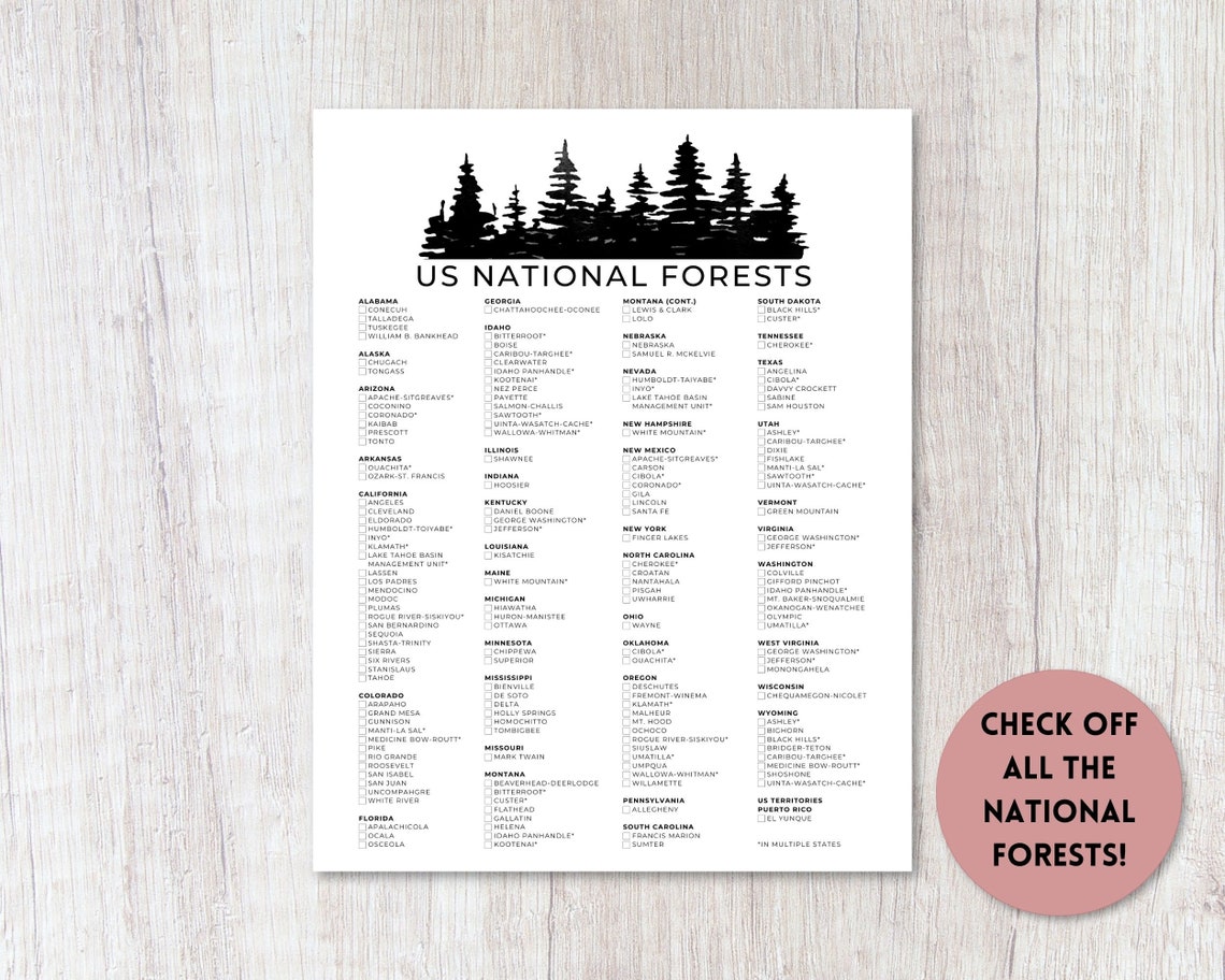 US National Forests Checklist Printable National Forest Sign - Etsy