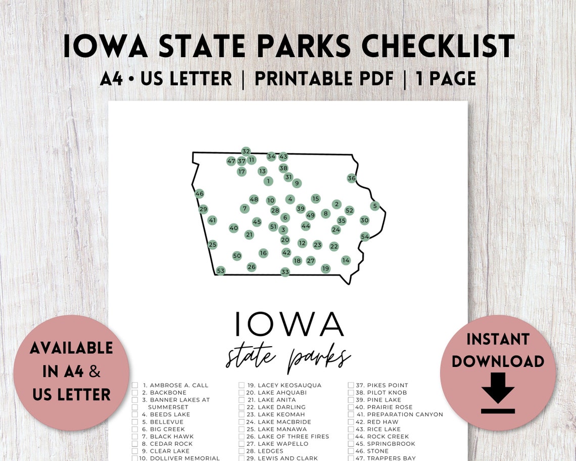 Iowa State Park Map Printable State Park Checklist State - Etsy