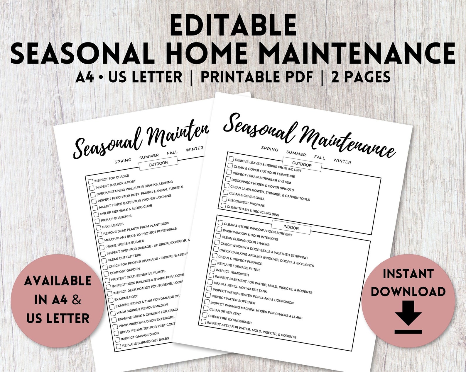 Editable Seasonal Home Maintenance Printable | Maintenance Checklist ...