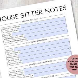 Editable House Sitter Notes Printable | House Sitter Information ...