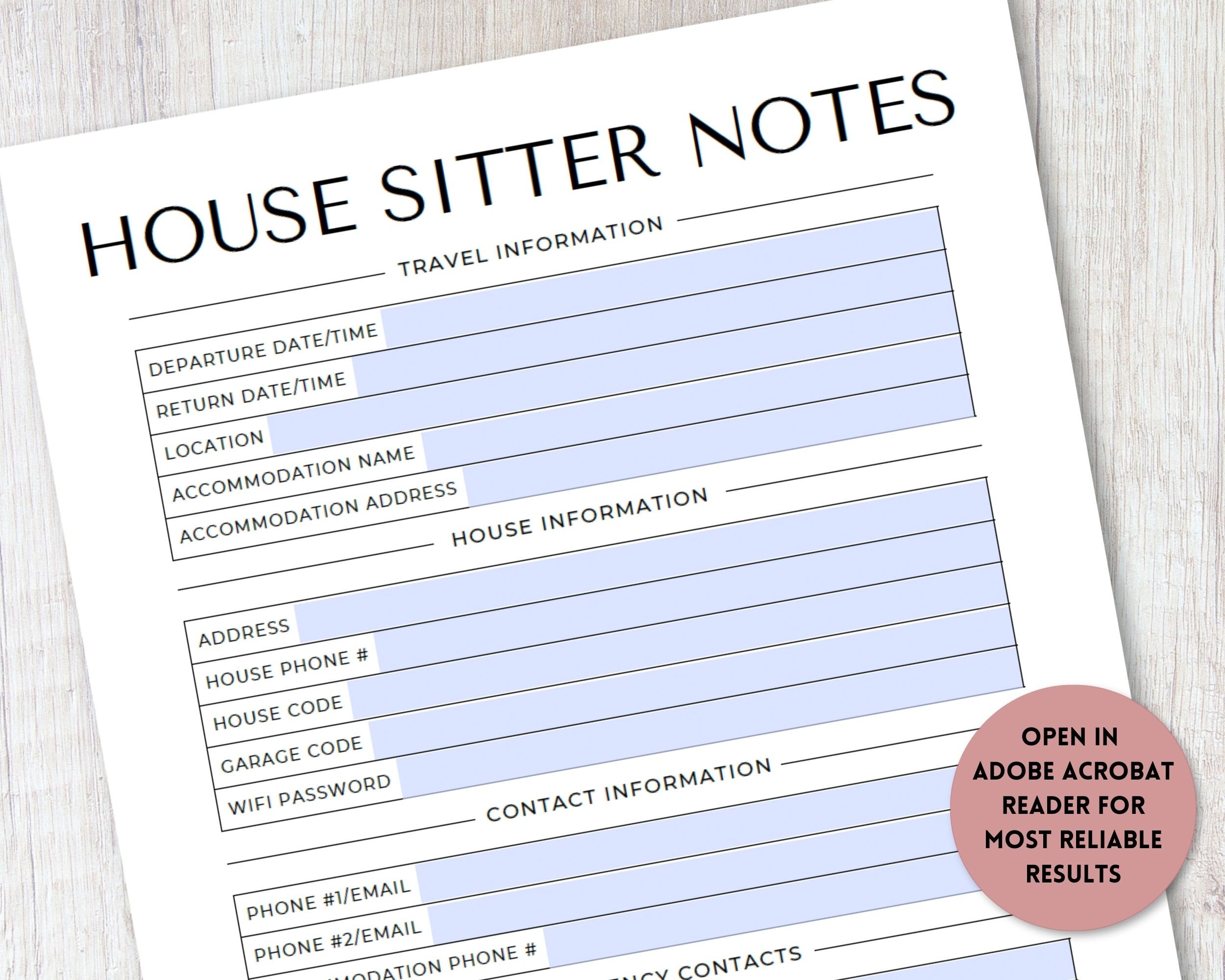 Editable House Sitter Notes Printable | House Sitter Information ...