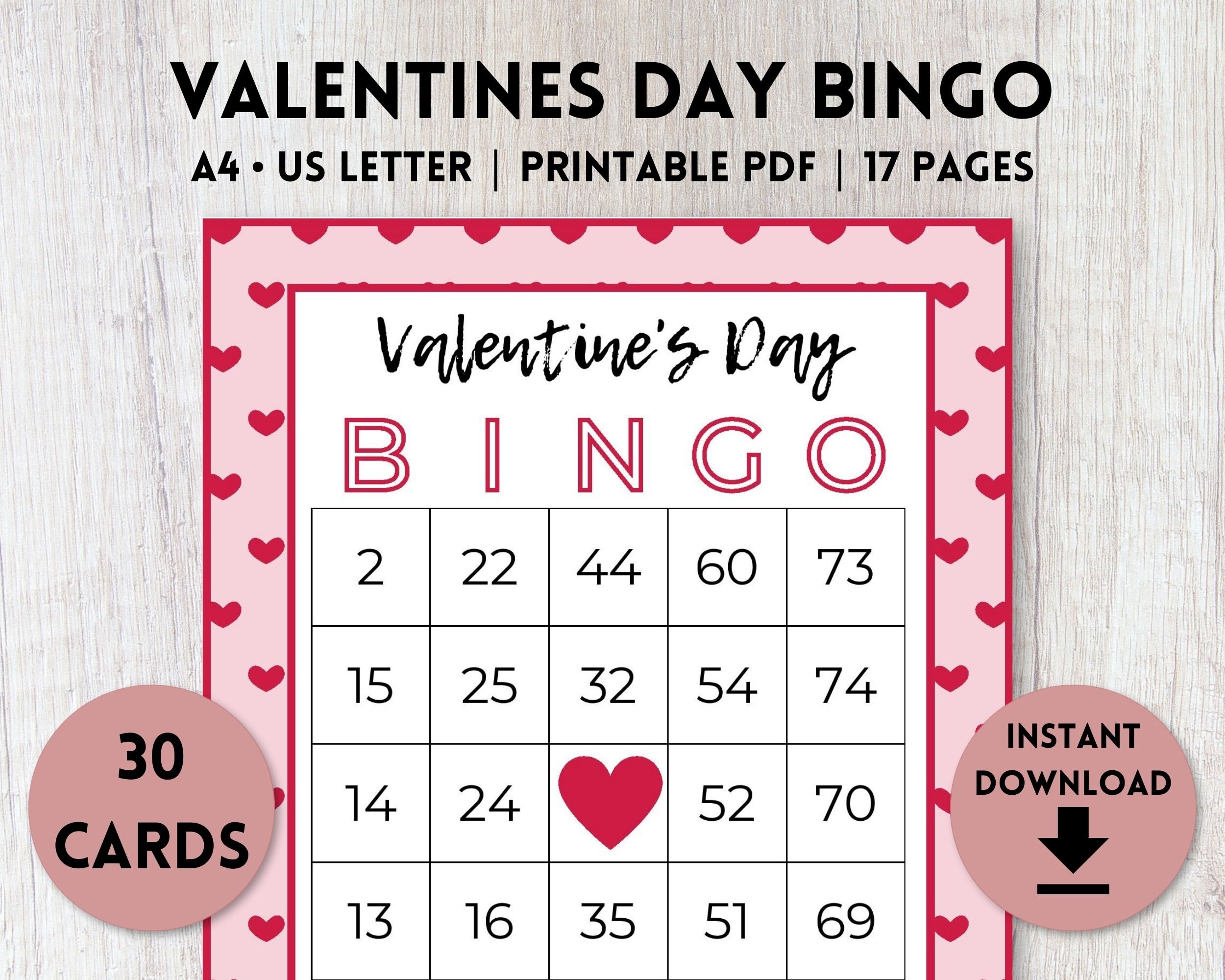 30 Valentines Day Bingo Cards Printable Pink Red Valentines | Etsy